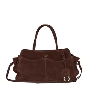 Prada Large Suede Shoulder Bag With Gold Tone Hardware