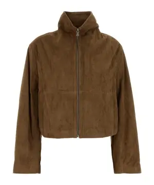 Nour Hammour Long Sleeve Suede Stand Collar Zip Up Jacket
