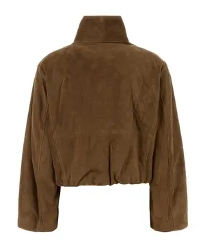 Nour Hammour Long Sleeve Suede Stand Collar Zip Up Jacket