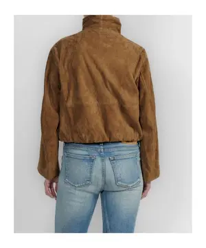 Nour Hammour Long Sleeve Suede Stand Collar Zip Up Jacket