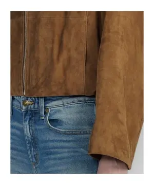 Nour Hammour Long Sleeve Suede Stand Collar Zip Up Jacket