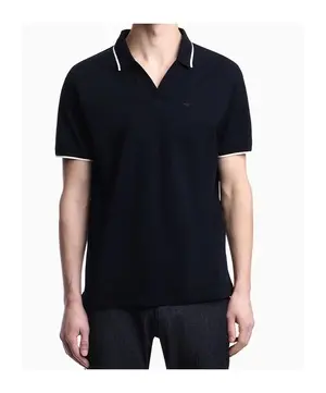 Emporio Armani Logo Embrodiered V-neck Polo Shirt - Navy Blue