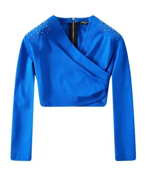 Balmain Embellished Cropped Long Sleeve Top - Blue