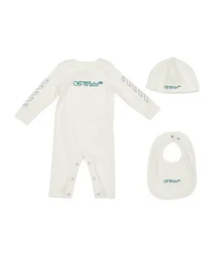 Off-White Logo Romper, Hat, And Bib Set