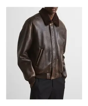 Prada Genuine Leather Bomber Jacket With Shearling Collar