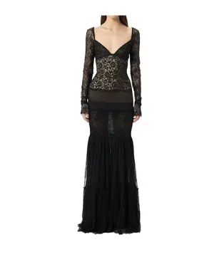 Blumarine Sheer Lace Overlay Long Sleeved Gown