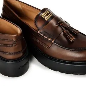 Miu Miu Leather Tassel Slip-on Loafers With Platform Block Heel