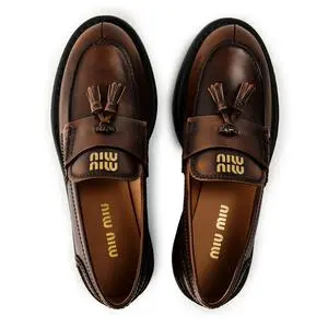 Miu Miu Leather Tassel Slip-on Loafers With Platform Block Heel