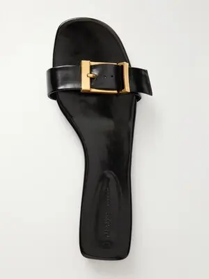 Khaite Patent Leather Slide Sandals With Gold Buckle
