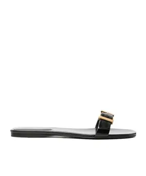 Khaite Patent Leather Slide Sandals With Gold Buckle