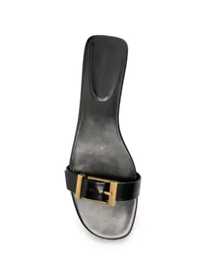 Khaite Patent Leather Slide Sandals With Gold Buckle