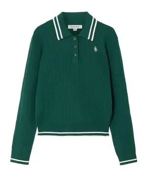 SPORTY  RICH Embroidered Striped Cable-knit Polo Shirt - Forest Green