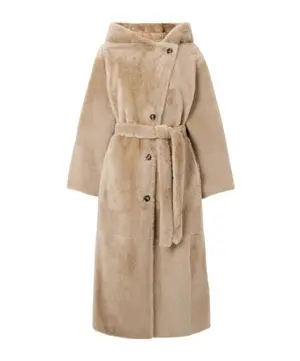 YVES SALOMON Hooded Belted Shearling Coat