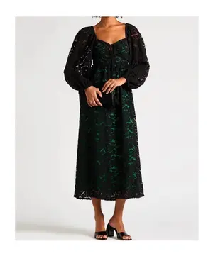 Farm Rio Lace Tie Neck Long Sleeve Dress