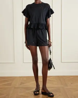 Ulla Johnson Ruffled Embroidered Round Neck Short Sleeve