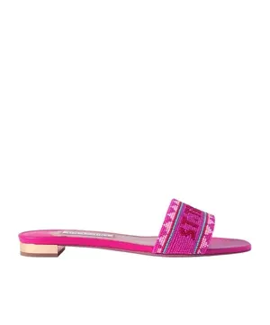 AQUAZZURA Fuchsia Beaded Single-strap Flat Slide Sandals - Pink
