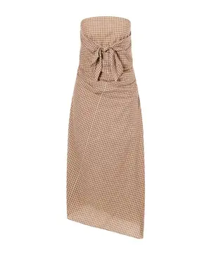 Auralee Brown And White Gingham Strapless Midi Dress With Draped Silhouette - No
