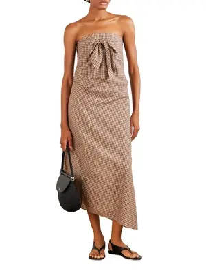 Auralee Brown And White Gingham Strapless Midi Dress With Draped Silhouette