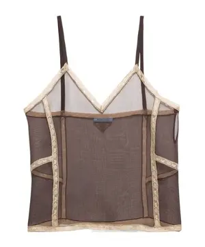Prada Organza Intarsia Top With V-neck And Lace Trim - Brown