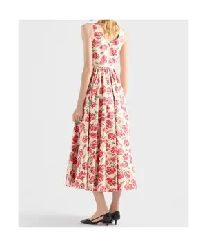 Prada Sleeveless Floral Print Midi Dress With Scoop Neck And Back Zipper