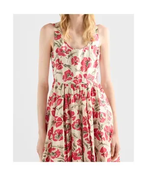Prada Sleeveless Floral Print Midi Dress With Scoop Neck And Back Zipper