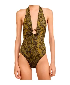 Ulla Johnson Halterneck Swimsuit With Floral Print And Ring Detail
