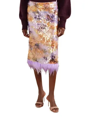 Staud Sequin Midi Skirt With Feather Trim - No