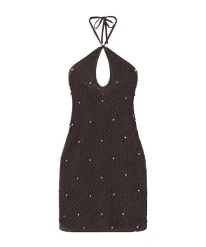 Staud Dark Brown Crochet Halterneck Mini Dress With Rhinestones - Black