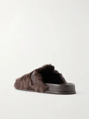 AQUAZZURA Leather-trimmed Shearling Slip-ons