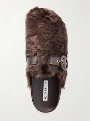 AQUAZZURA Leather-trimmed Shearling Slip-ons