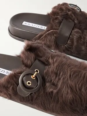 AQUAZZURA Leather-trimmed Shearling Slip-ons