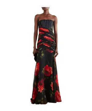 Carolina Herrera Strapless Ruched Floral-printed Silk-chiffon Gown