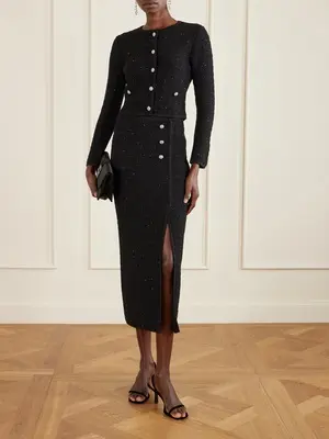 Alessandra Rich Sequined Midi Skirt With Crystal Buttons