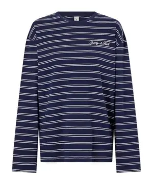 SPORTY  RICH Sporty & Rich Logo-embroidered Striped Long-sleeve Cotton T-shirt - No