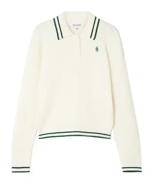 SPORTY  RICH Embroidered Striped Cable-knit Polo Sweater - White