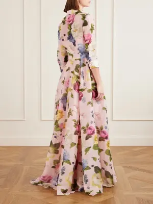Carolina Herrera Floral Print Linen Silk Maxi Dress