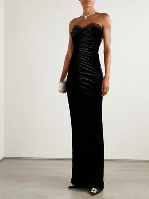 Alessandra Rich Velvet Strapless Gown With Bow And Lace Trim