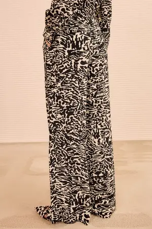 Ulla Johnson Black White Animal Print Wide Leg Silk Trousers