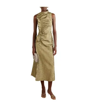 Ulla Johnson Asymmetric Ruffled Metallic Taffeta Midi Dress
