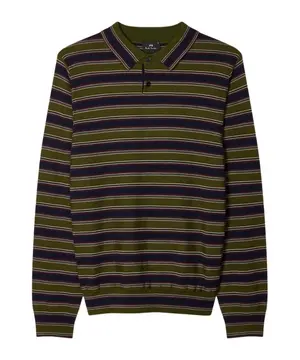 Paul Smith Merino Polo Shirt Green And Navy Stripe - Green/navy Blue