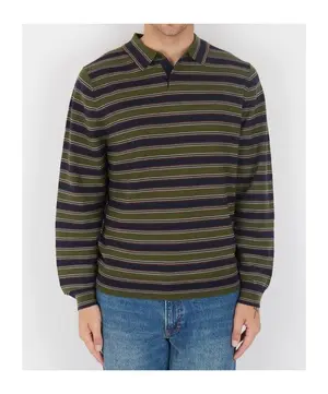 Paul Smith Merino Polo Shirt Green And Navy Stripe - Green/navy Blue