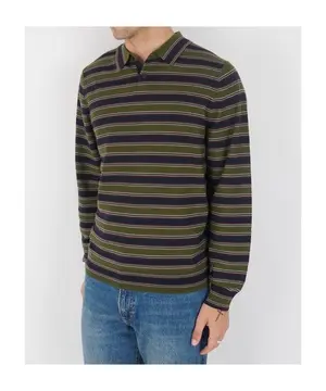 Paul Smith Merino Polo Shirt Green And Navy Stripe - Green/navy Blue