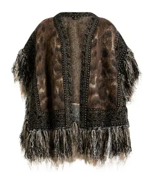 Etro Mohair-blend Jacquard Cape With Fringing And Leopard Motif - Brown
