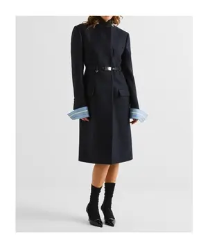 Prada Long Wool-blend Coat With Stand Collar And Striped Cuffs - No