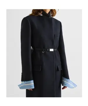 Prada Long Wool-blend Coat With Stand Collar And Striped Cuffs - No