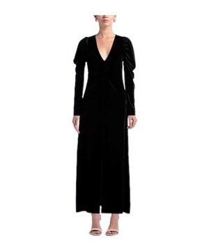GANNI Velvet Maxi Dress With Puff Sleeves And Front Slit
