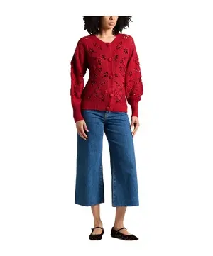 Farm Rio Solid Crochet Button-front Sweater