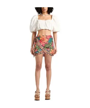 Farm Rio Floral Print Metallic Wrap Mini Skirt