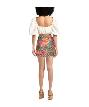 Farm Rio Floral Print Metallic Wrap Mini Skirt