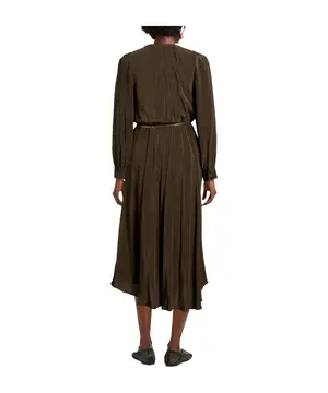 Max Mara Long Sleeve V-neck Georgette Dress With Chain Belt